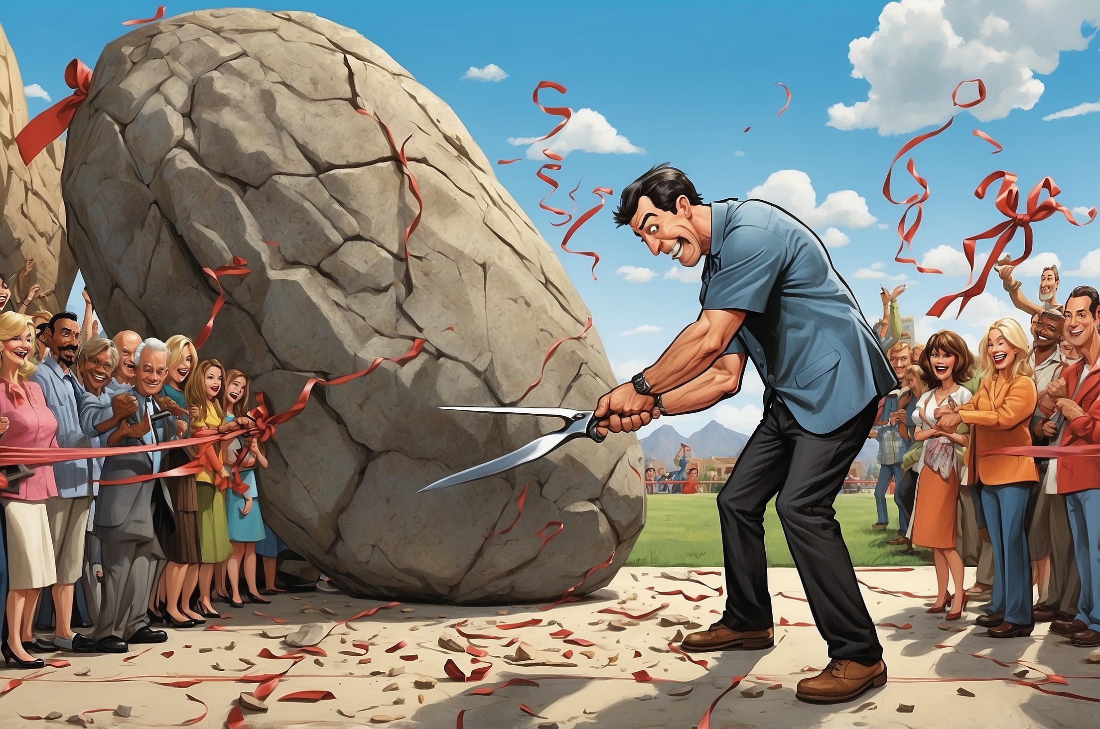 Man Using Giant Scissors at Ribbon Cutting Ceremony Crushed by Giant ...
